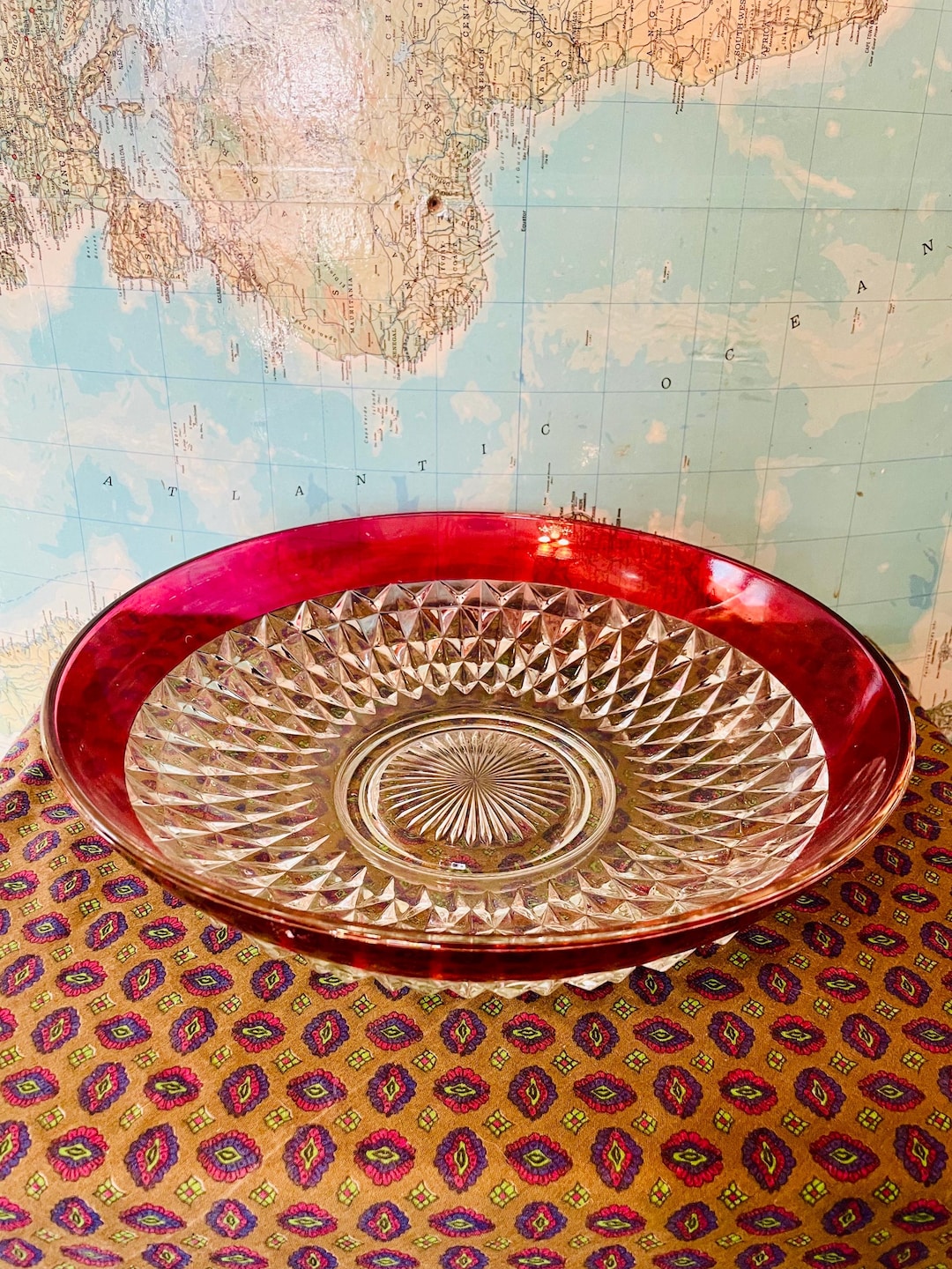Vintage Indiana Glass Diamond Point Ruby Flash Serving Bowl - Etsy