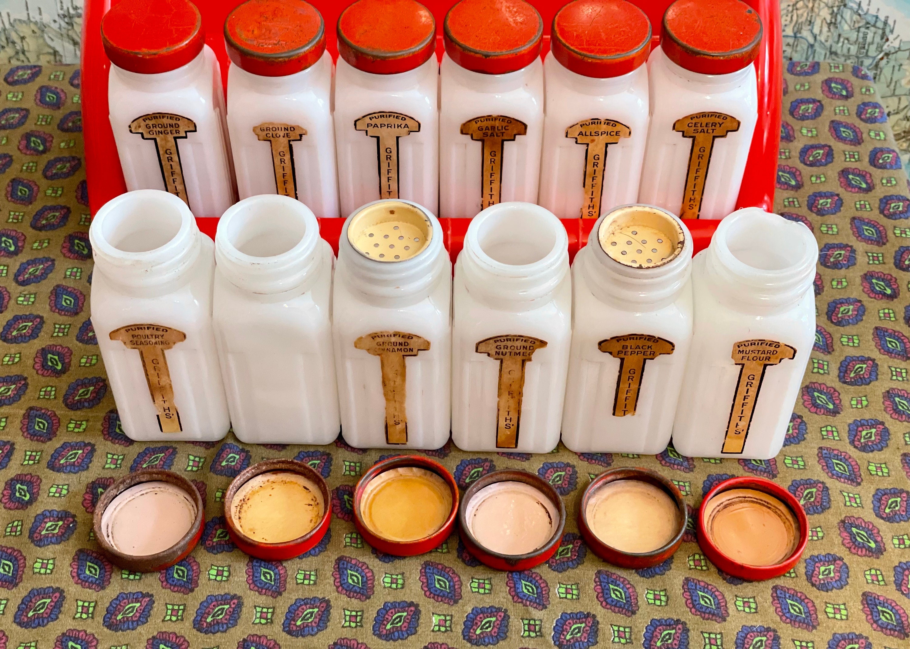 Vintage Art Deco Griffiths Spice Rack: Milk Glass Jars, Red Lids - Etsy