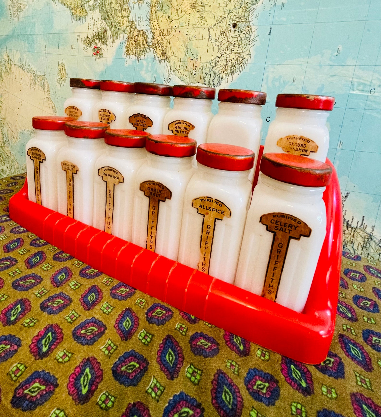Vintage Art Deco Griffiths Spice Rack: Milk Glass Jars, Red Lids - Etsy