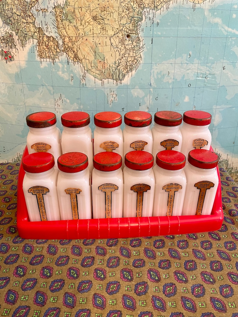 Vintage Art Deco Griffiths Spice Rack: Milk Glass Jars, Red Lids - Etsy