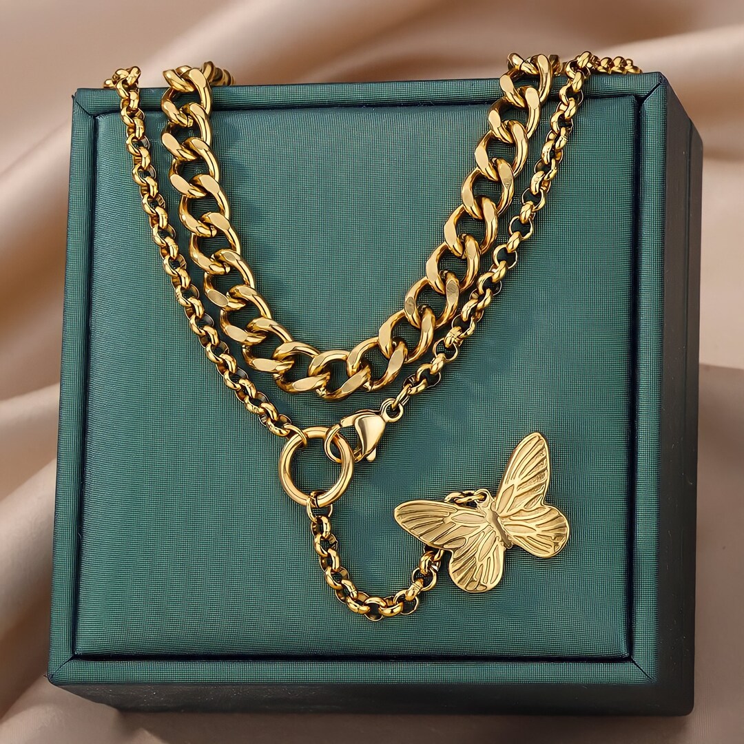 18k Gold Plated Cuban Chain Butterfly Pendant Necklace for Women Chunky ...