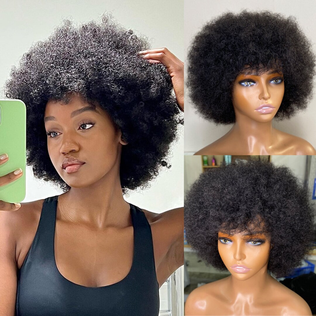 Fluffy Afro Curl Wig With Natural Fringe Brazilian 100% Human Hair ...