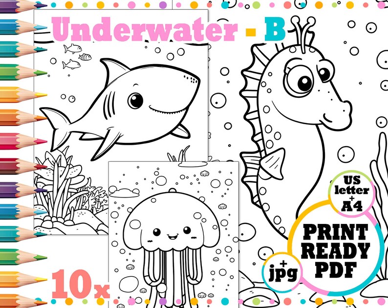 10 Underwater Coloring Pages Setb Animal Coloring Pages for - Etsy