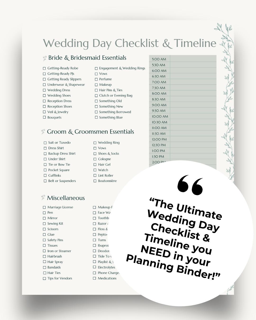 Ultimate Wedding Day Checklist and Timeline - Printable Bridal Planner ...