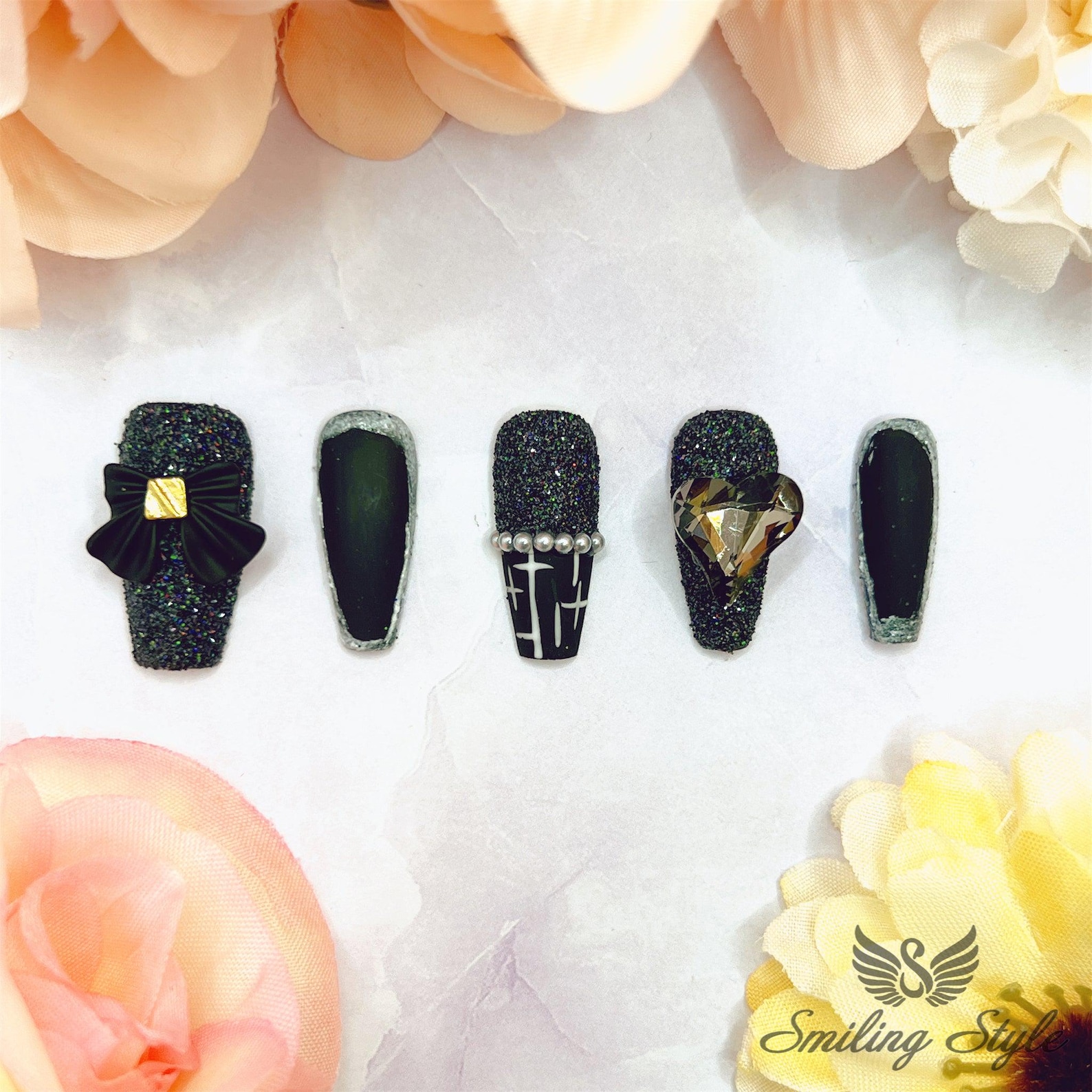 Hepburn's Jet Black Press on Nails by SMILINGSTYLE | Luxury Fake Nails ...