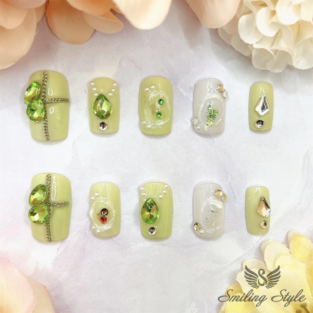 Green Tear Diamond Press on Nails by SMILINGSTYLE | Luxury Fake Nails ...