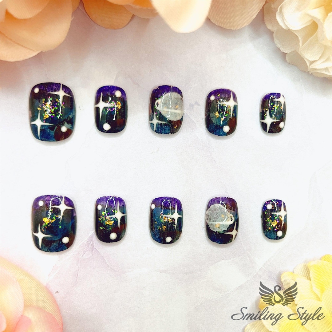 Starry Night Sky Press on Nails by SMILINGSTYLE | Luxury Fake Nails ...