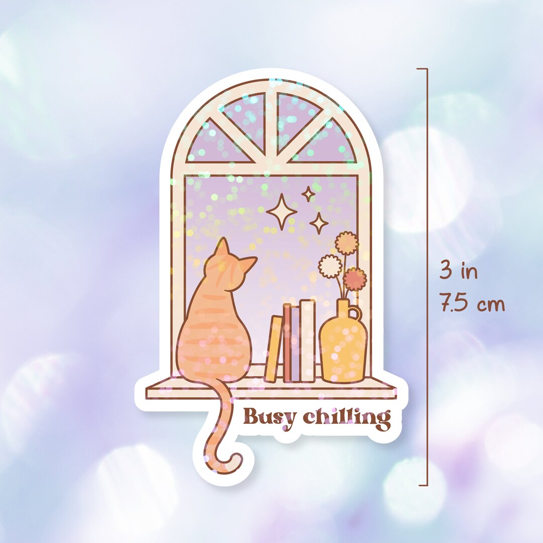 BUSY CHILLING Iridescent Cat Sticker, Retro 70s Stickers, Cute Glitter ...