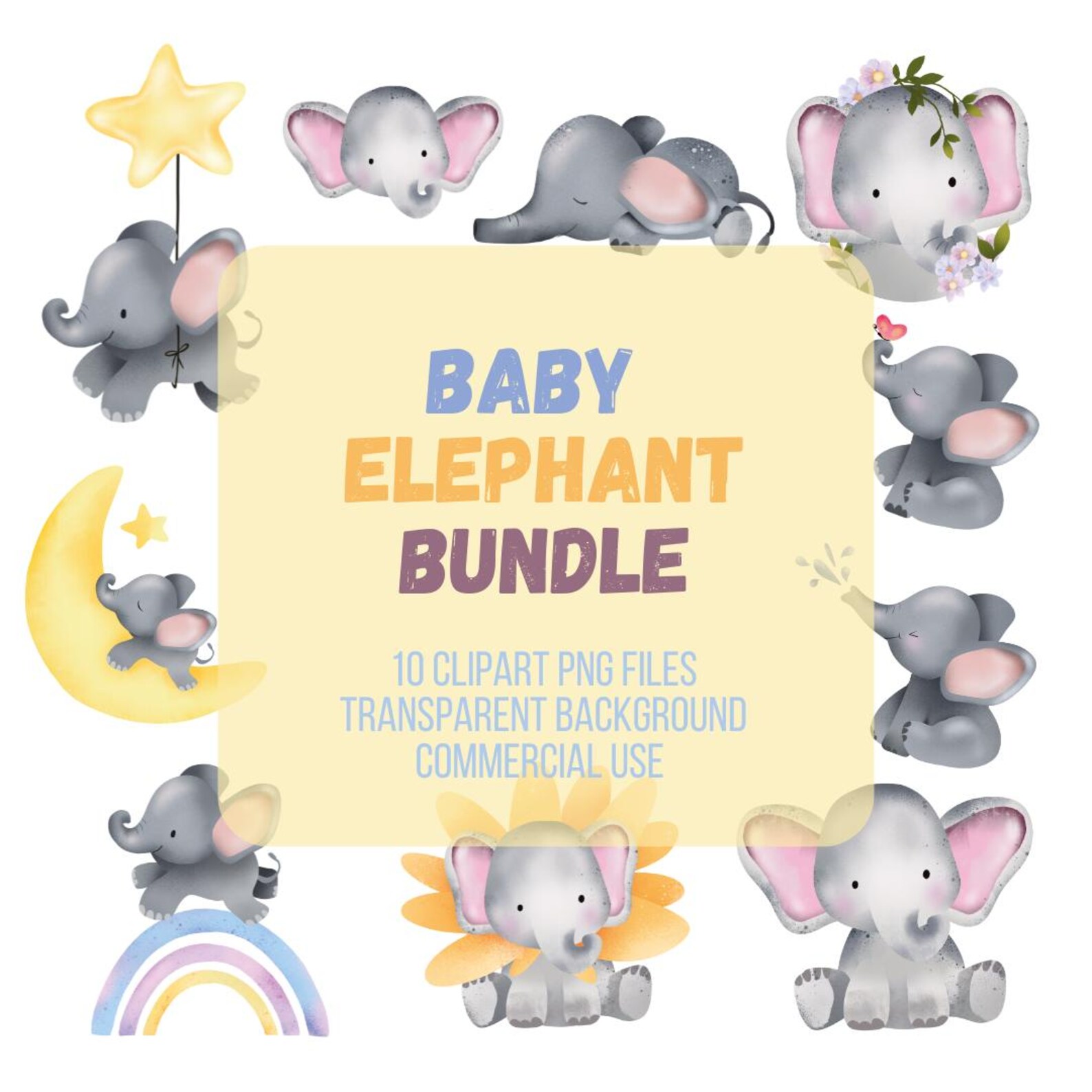Baby Elephant Nursery PNG Clipart Bundle of 10, Elephant Babies, Baby ...