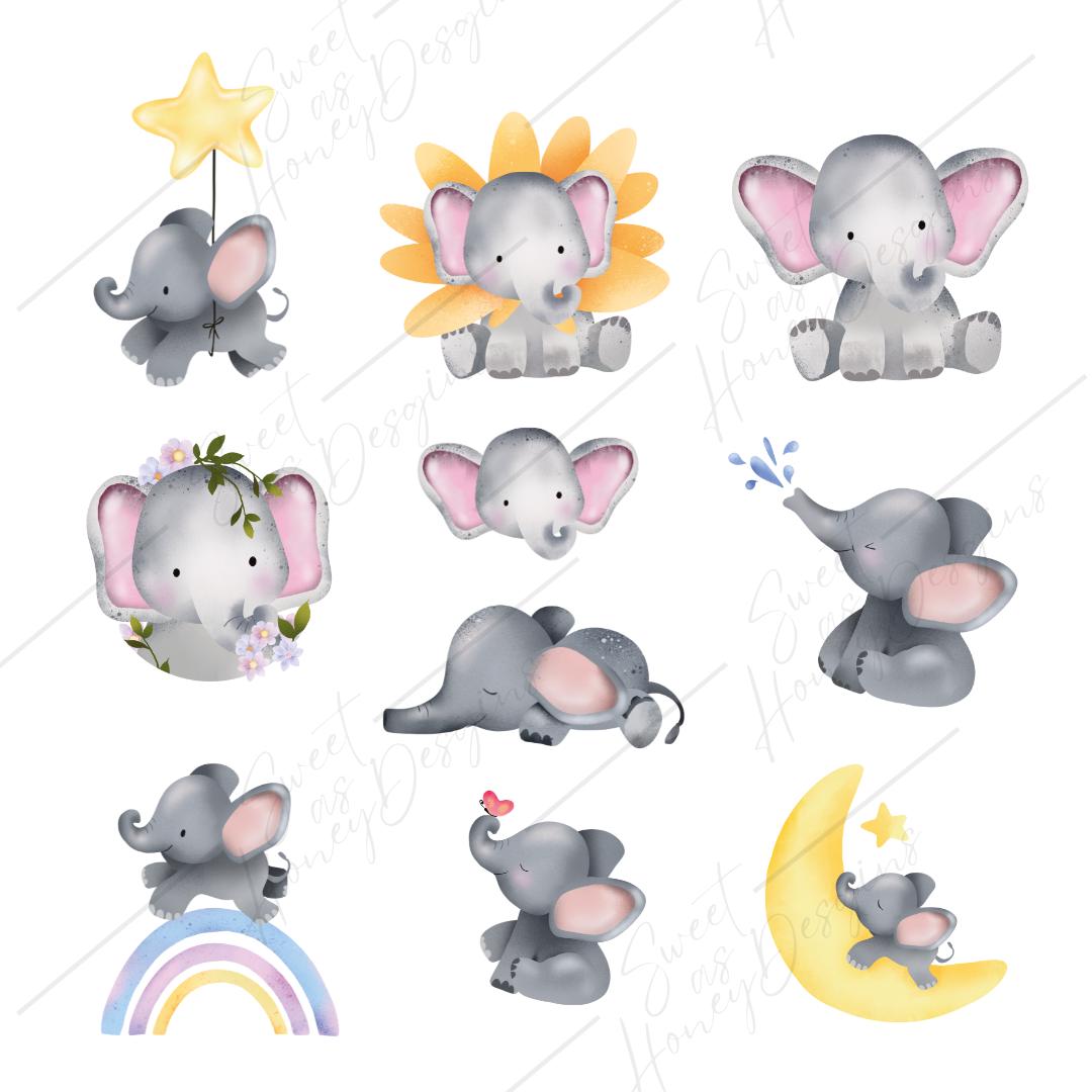 Baby Elephant Nursery PNG Clipart Bundle of 10, Elephant Babies, Baby ...