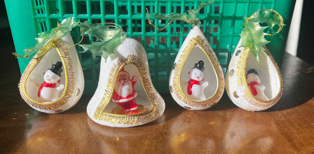 Set of 4 Vintage Egg Shell Diorama Christmas Ornaments Snowman & Santa ...