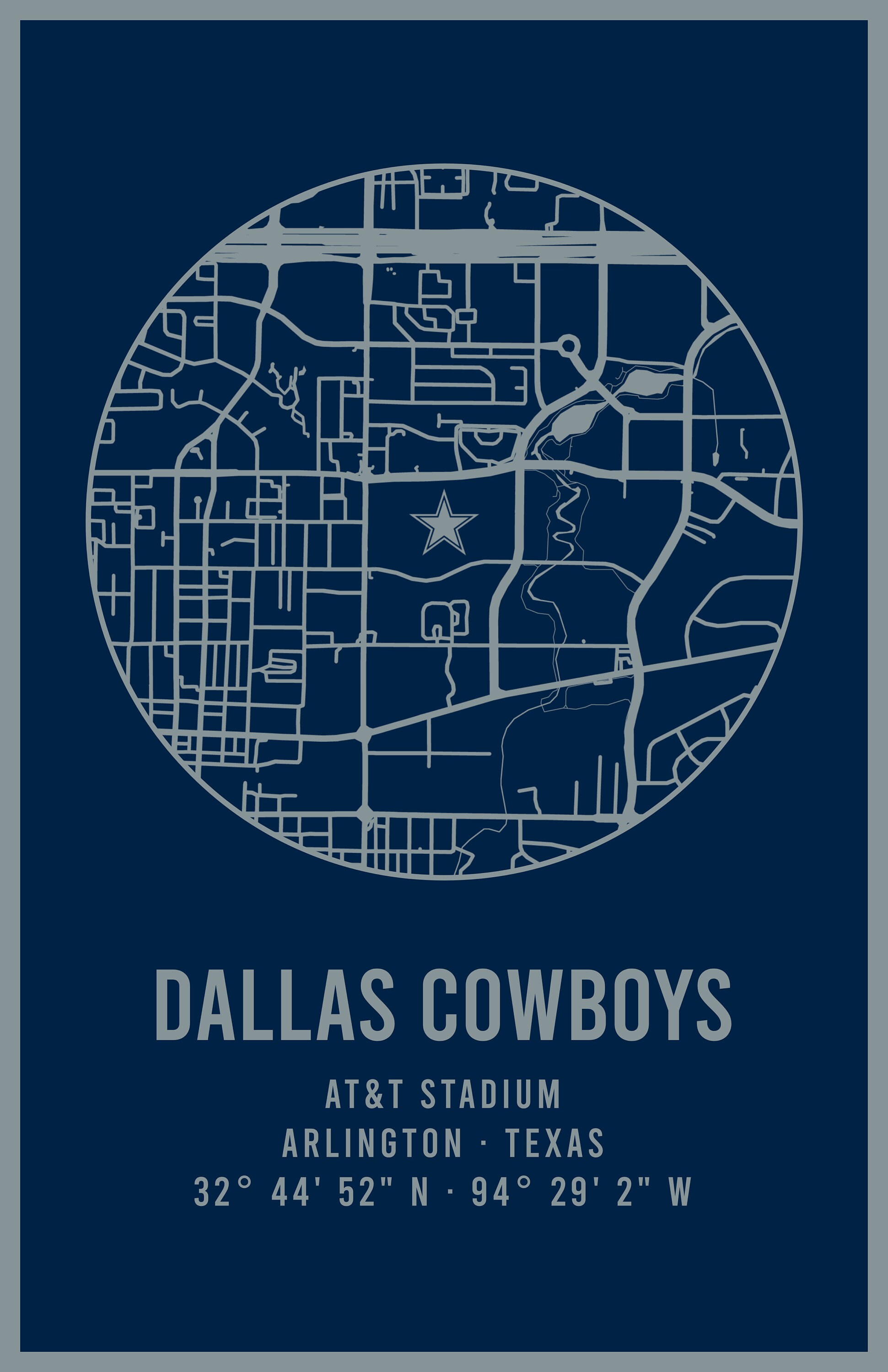 Modern Dallas Cowboys AT&T Stadium Map Print | Blue + Silver | NFL ...