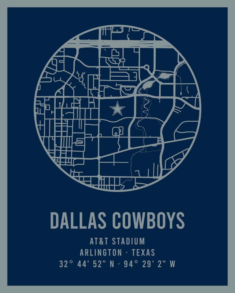 Modern Dallas Cowboys AT&T Stadium Map Print | Blue + Silver | NFL ...