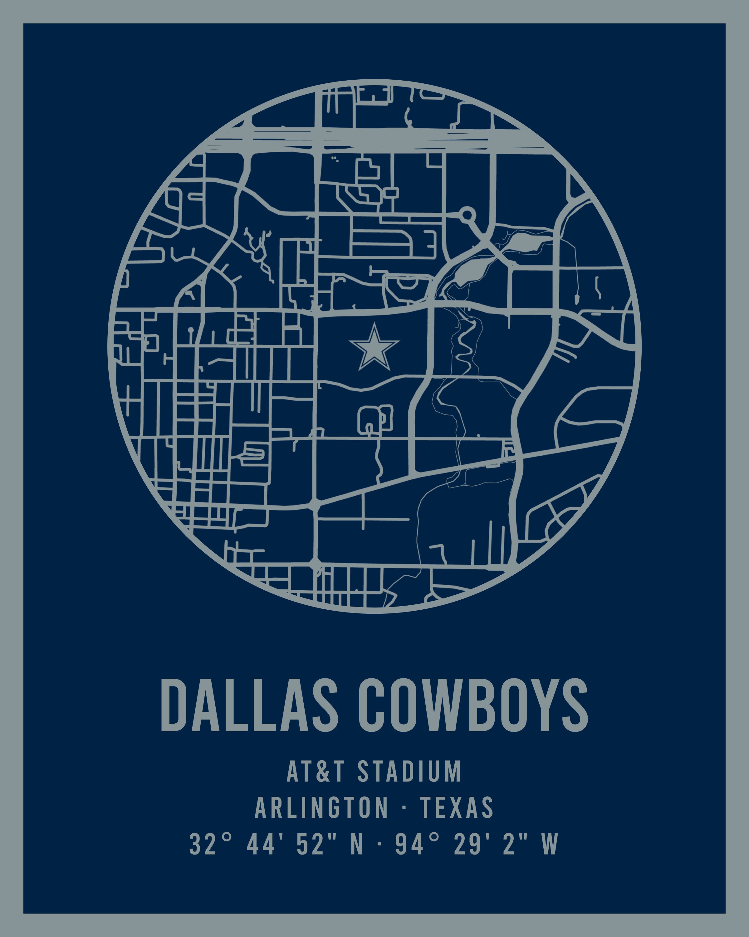 Modern Dallas Cowboys AT&T Stadium Map Print | Blue + Silver | NFL ...