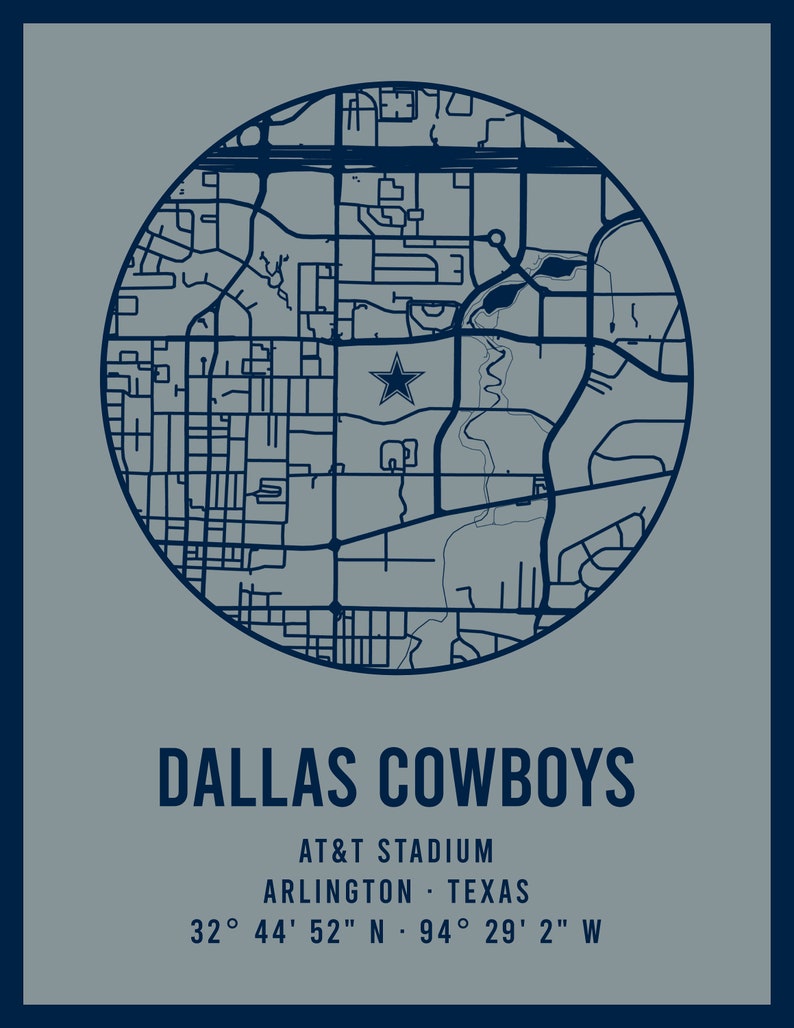 Modern Dallas Cowboys AT&T Stadium Map Print | Silver + Blue | NFL ...