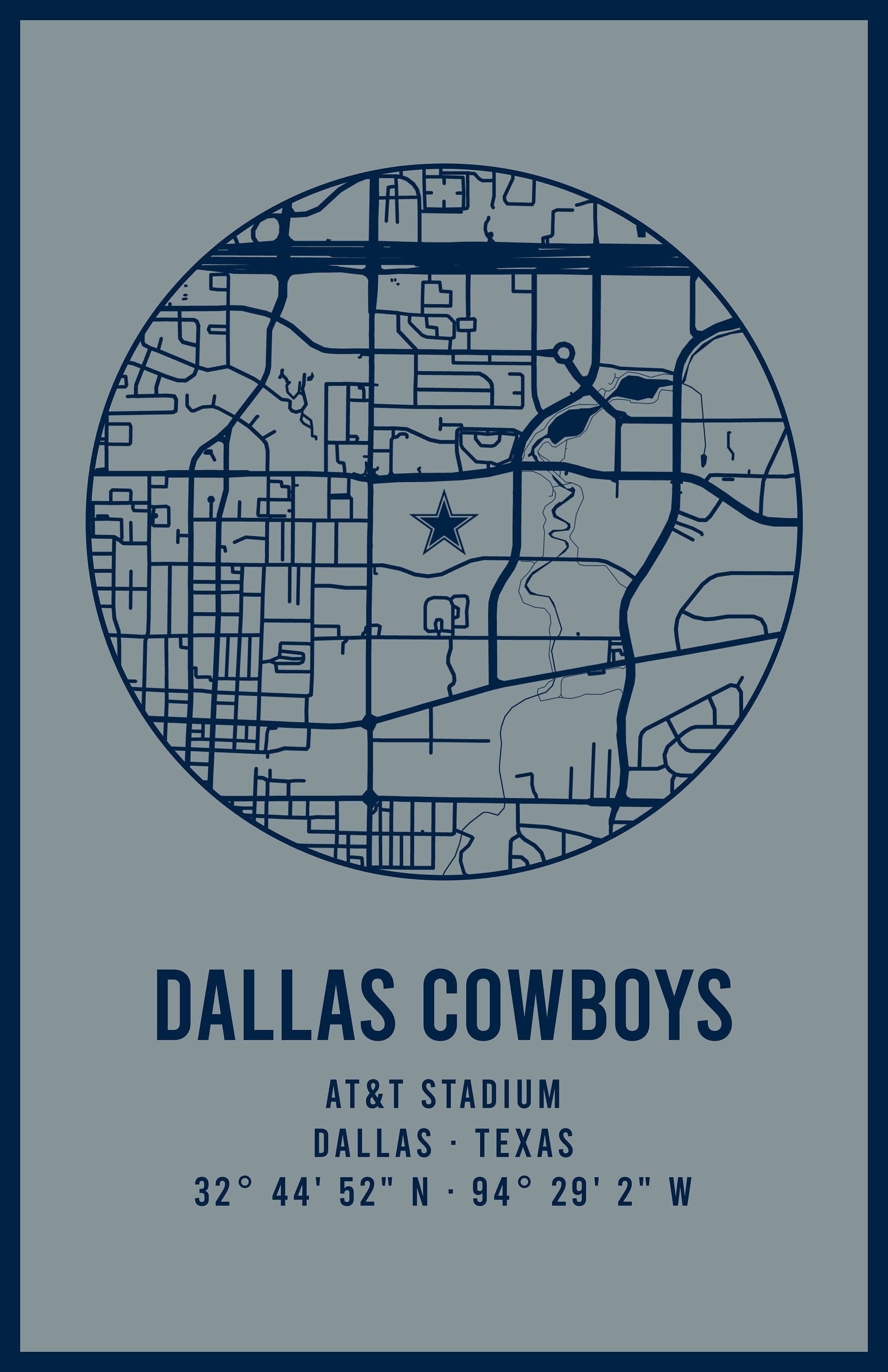 Modern Dallas Cowboys AT&T Stadium Map Print | Silver + Blue | NFL ...
