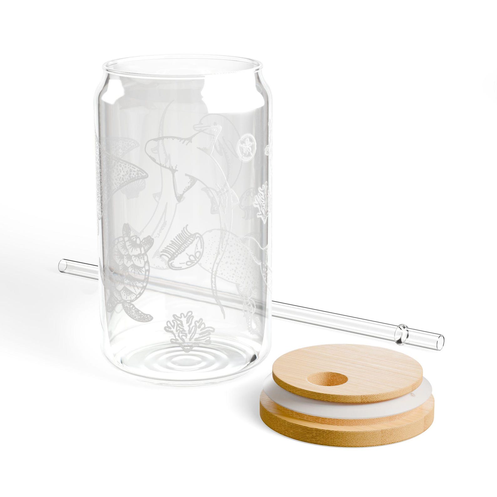 Sea Life Glass Can With Lid and Straw | White | Whale Shark Nurse Shark ...