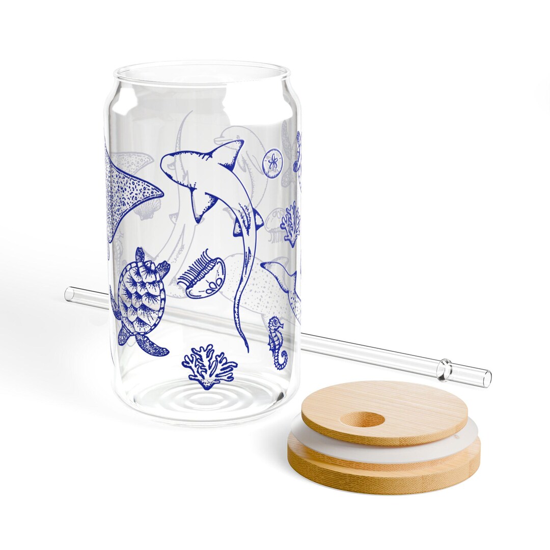 Sea Life Glass Can - Blue or White | Whale Shark Nurse Shark Ray Turtle ...