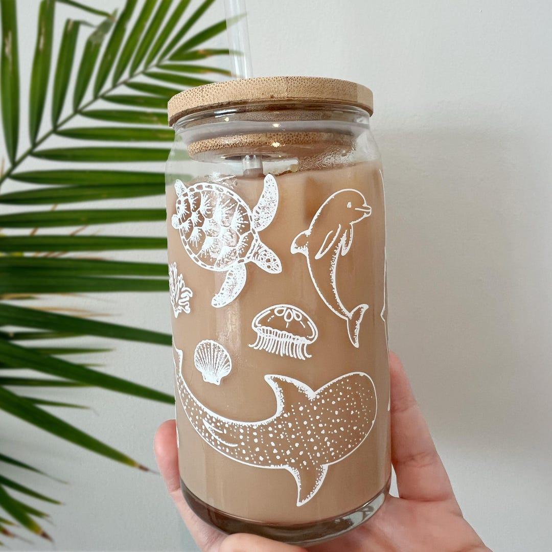 Sea Life Glass Can With Lid and Straw | White | Whale Shark Nurse Shark ...
