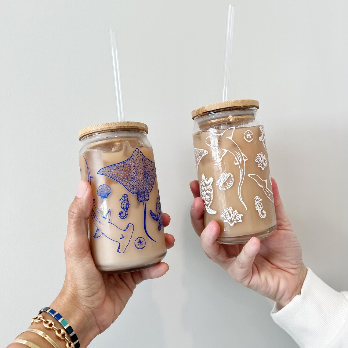 Sea Life Glass Can With Lid and Straw | White | Whale Shark Nurse Shark ...