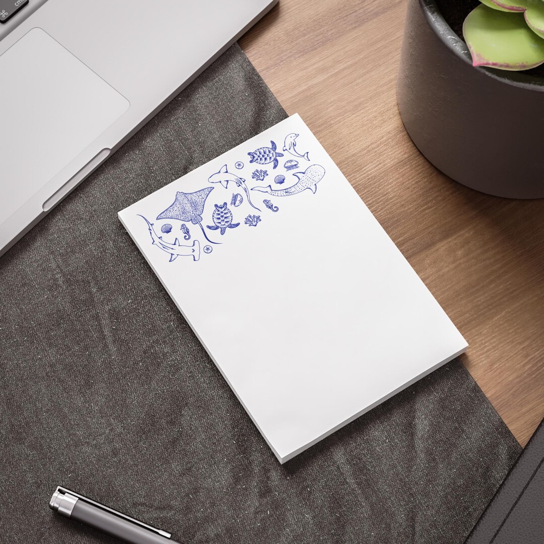 Sea Creatures Post-it Note Pad, 4x6", Hand Drawn Whale Sharks Dolphin ...