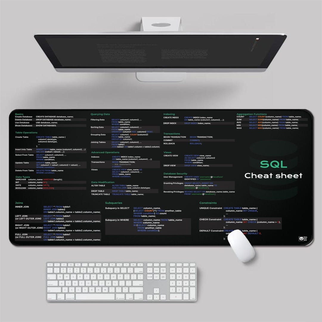 SQL Cheat Sheet Desk Mat for Database Administrators, Analysts, and Programmers, Quick Key ...