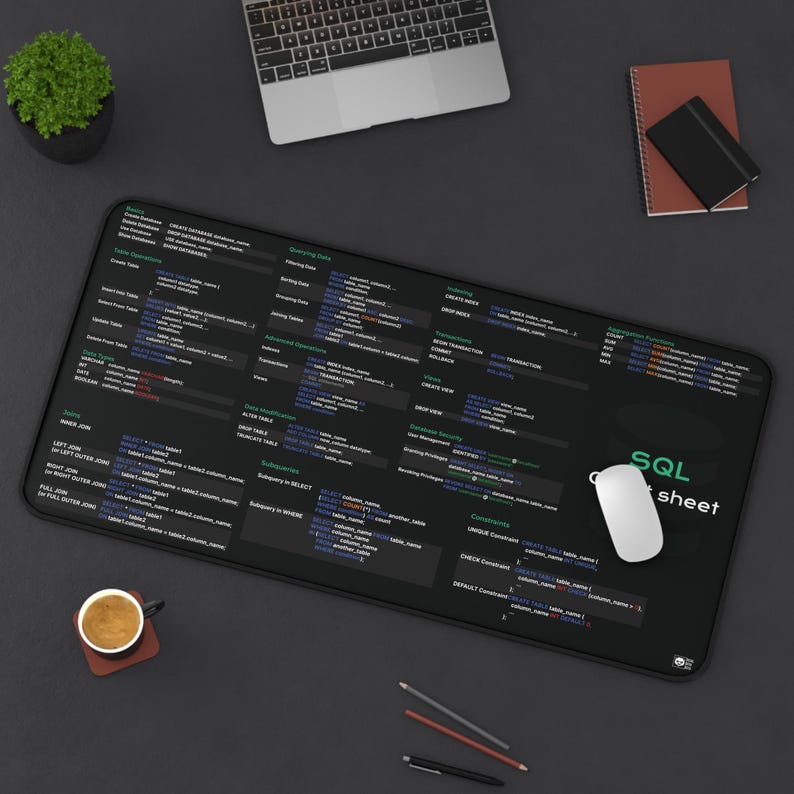 SQL Cheat Sheet Desk Mat for Database Administrators, Analysts, and Programmers, Quick Key ...