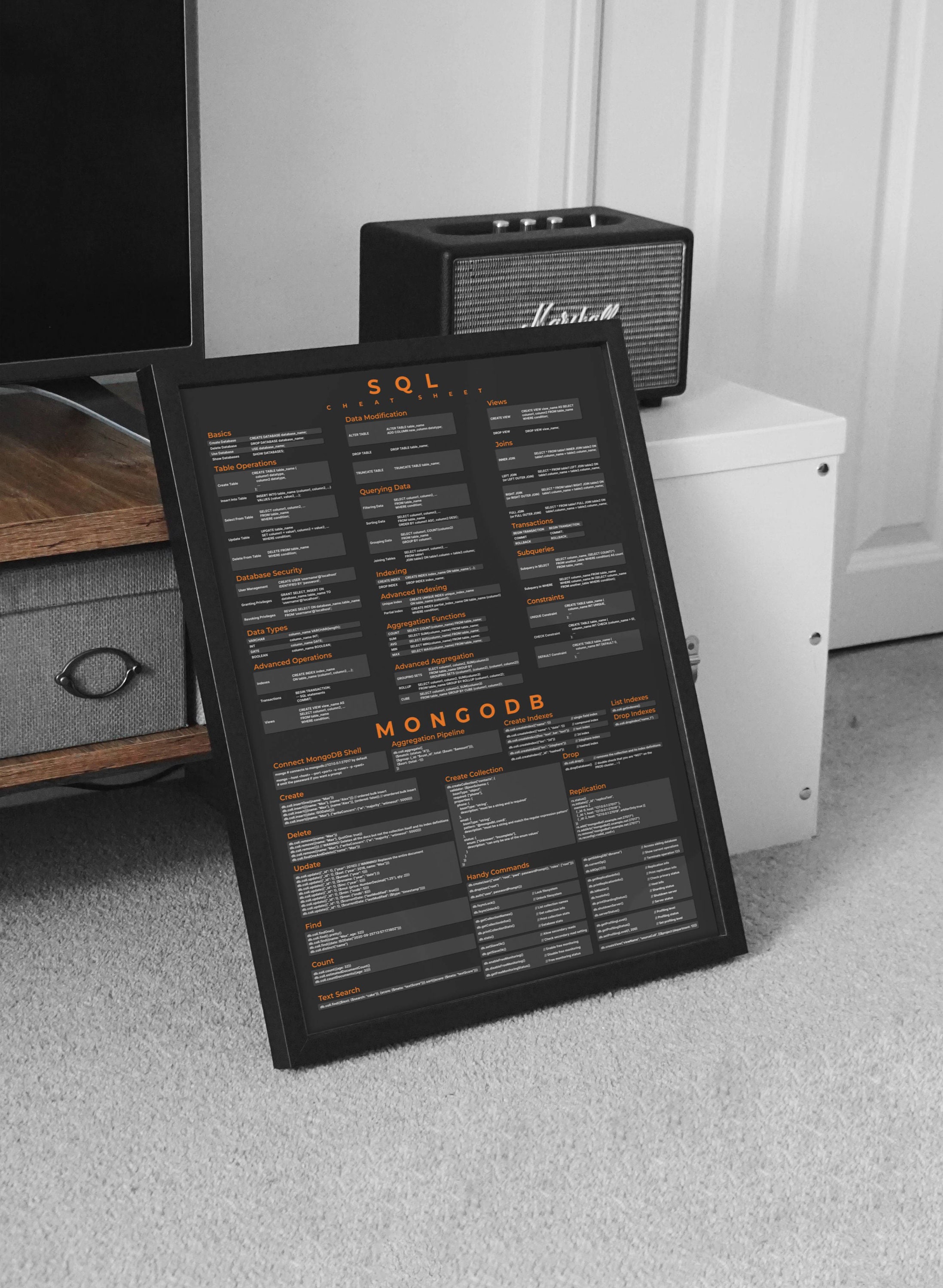 Sql And Mongodb Cheat Sheet Poster Essential Commands For Programmers 2888