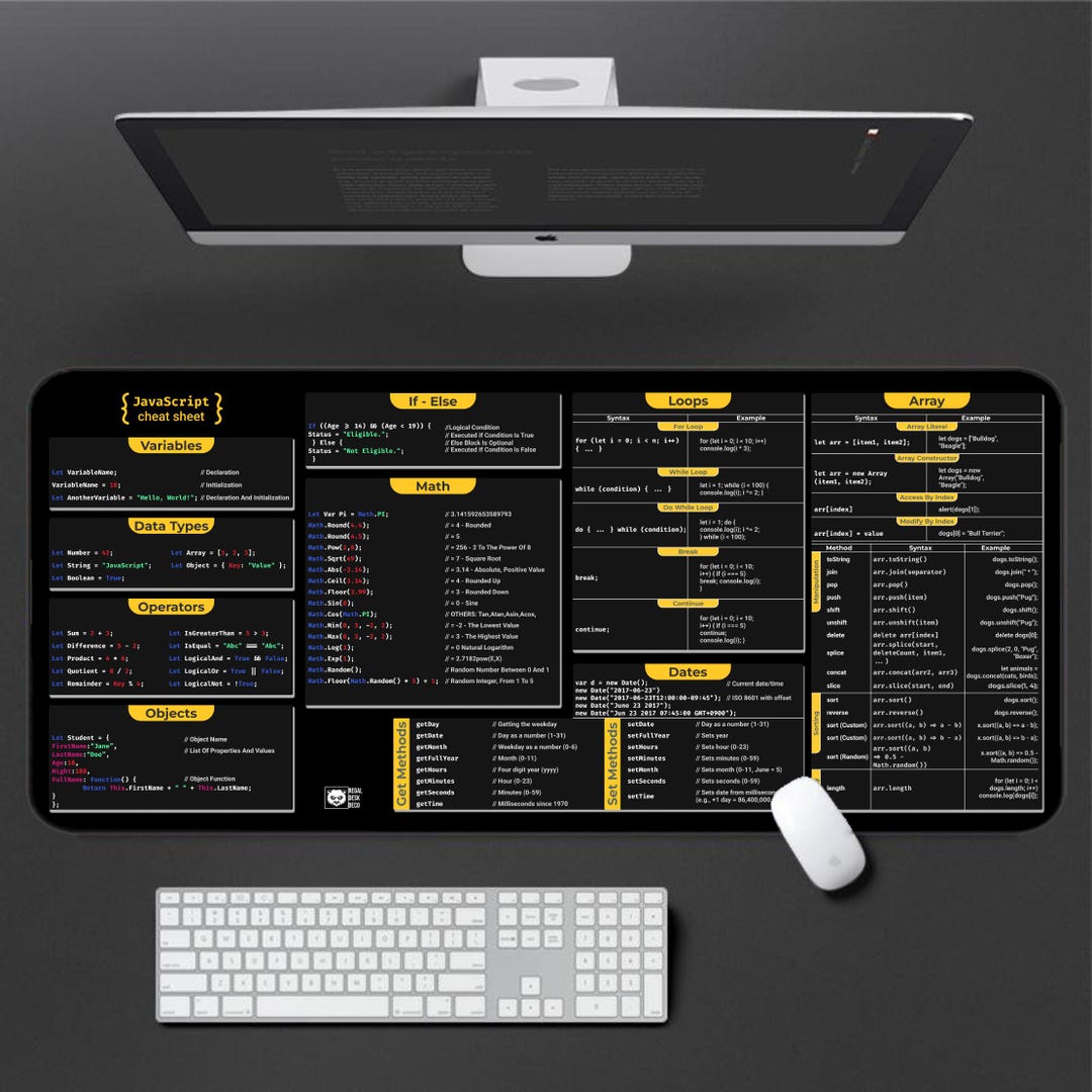Javascript Cheat Sheet Desk Mat For Software Engineers Web Developers And Programmers T