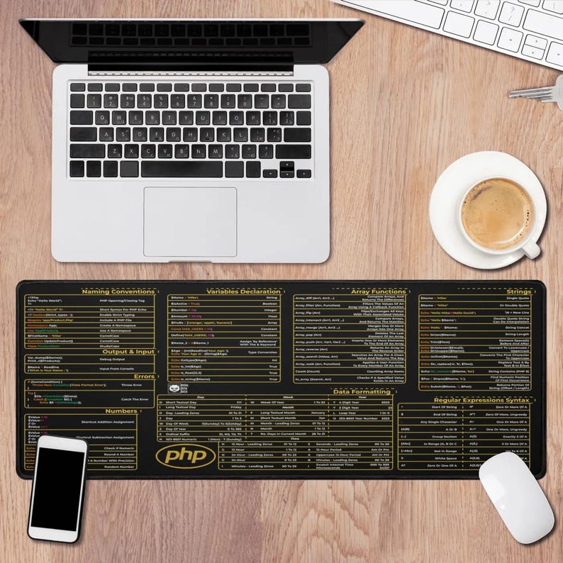PHP Cheat Sheet Desk Mat for Programmers, Developer, Desk Accessories, Gift Coworker, Quick Key ...