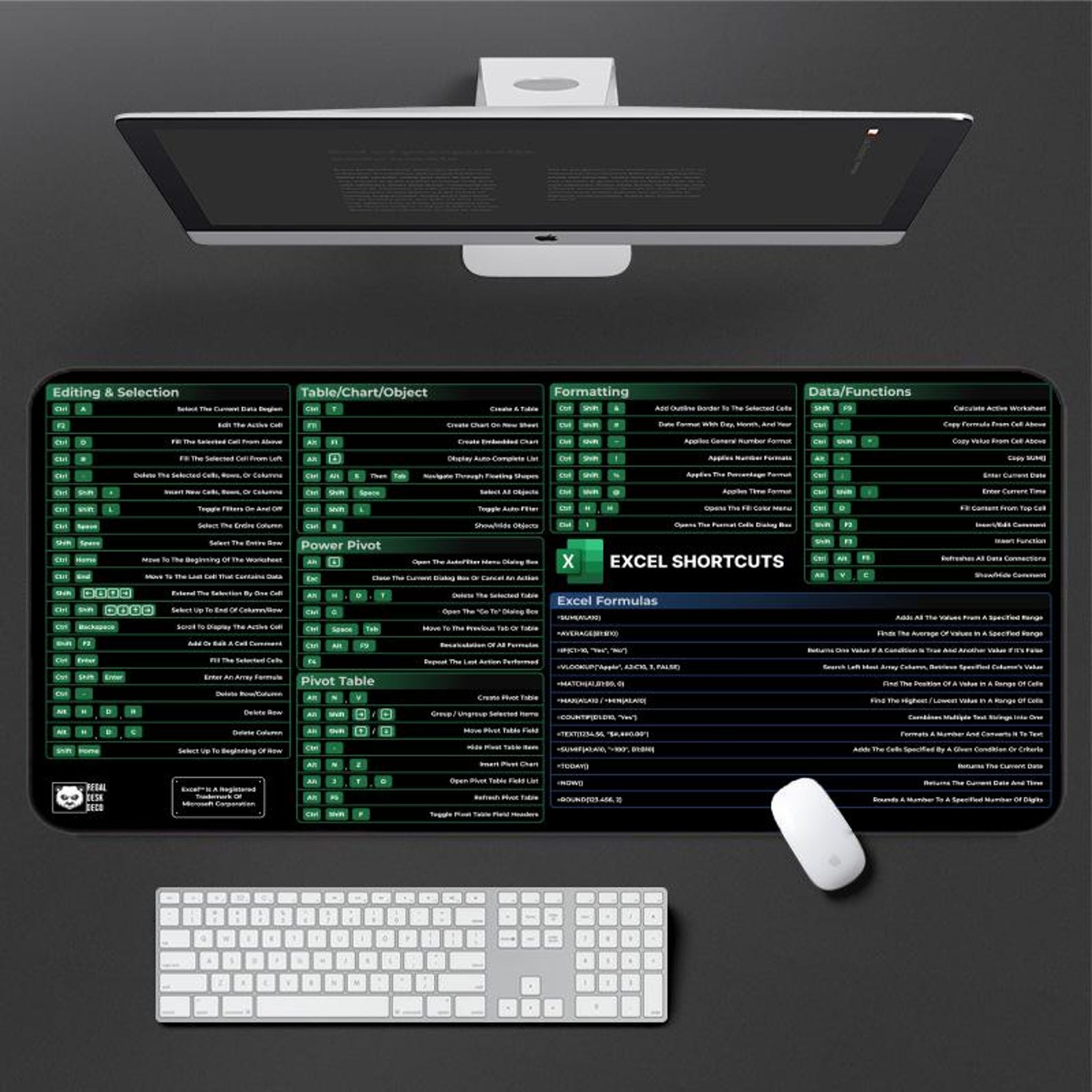 Excel Cheat Sheet Desk Mat: Shortcuts, Formulas Keyboard Pad for Win ...