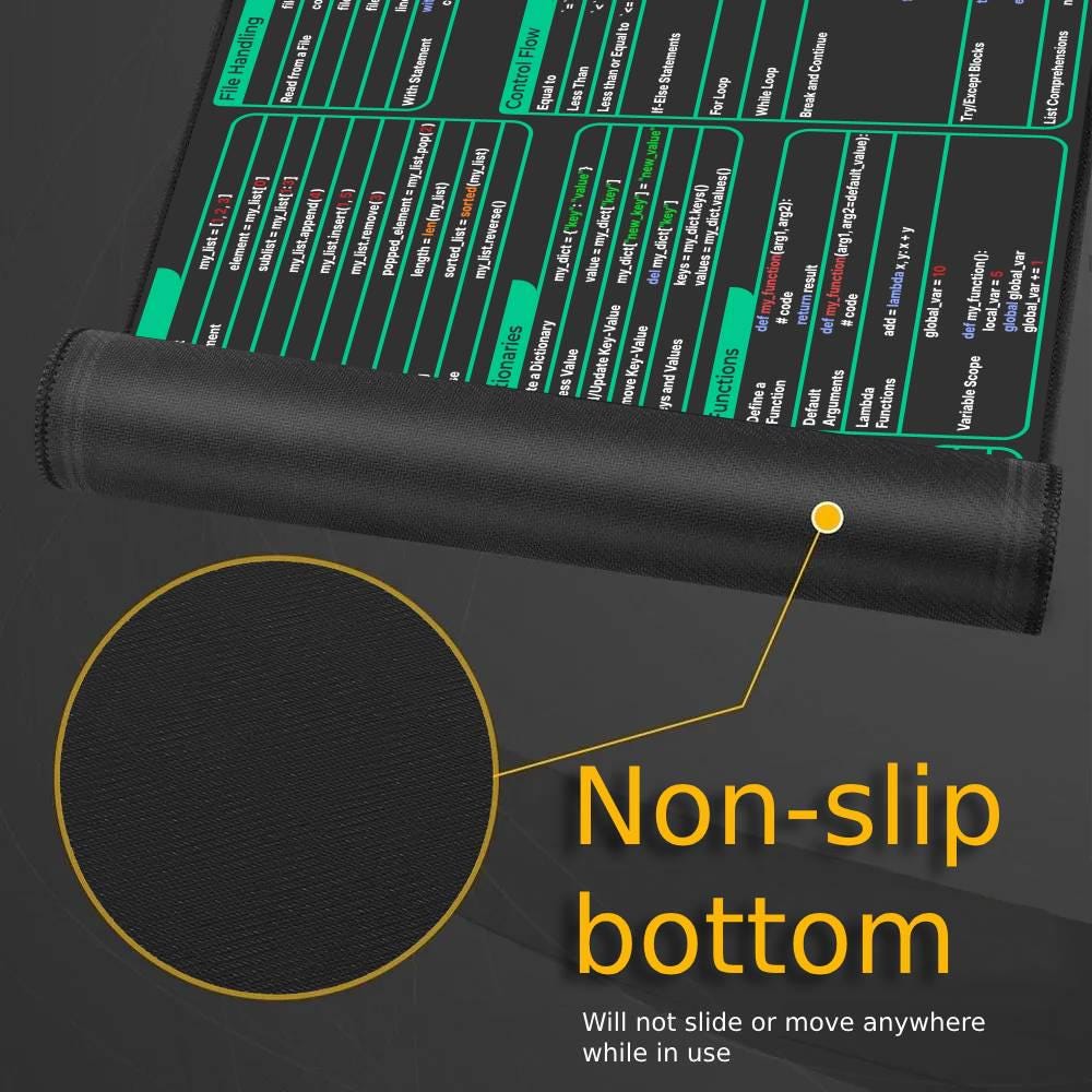 Python Cheat Sheet Desk Mat for Software Engineers, Hackers and Programmers, Quick Key, Large ...