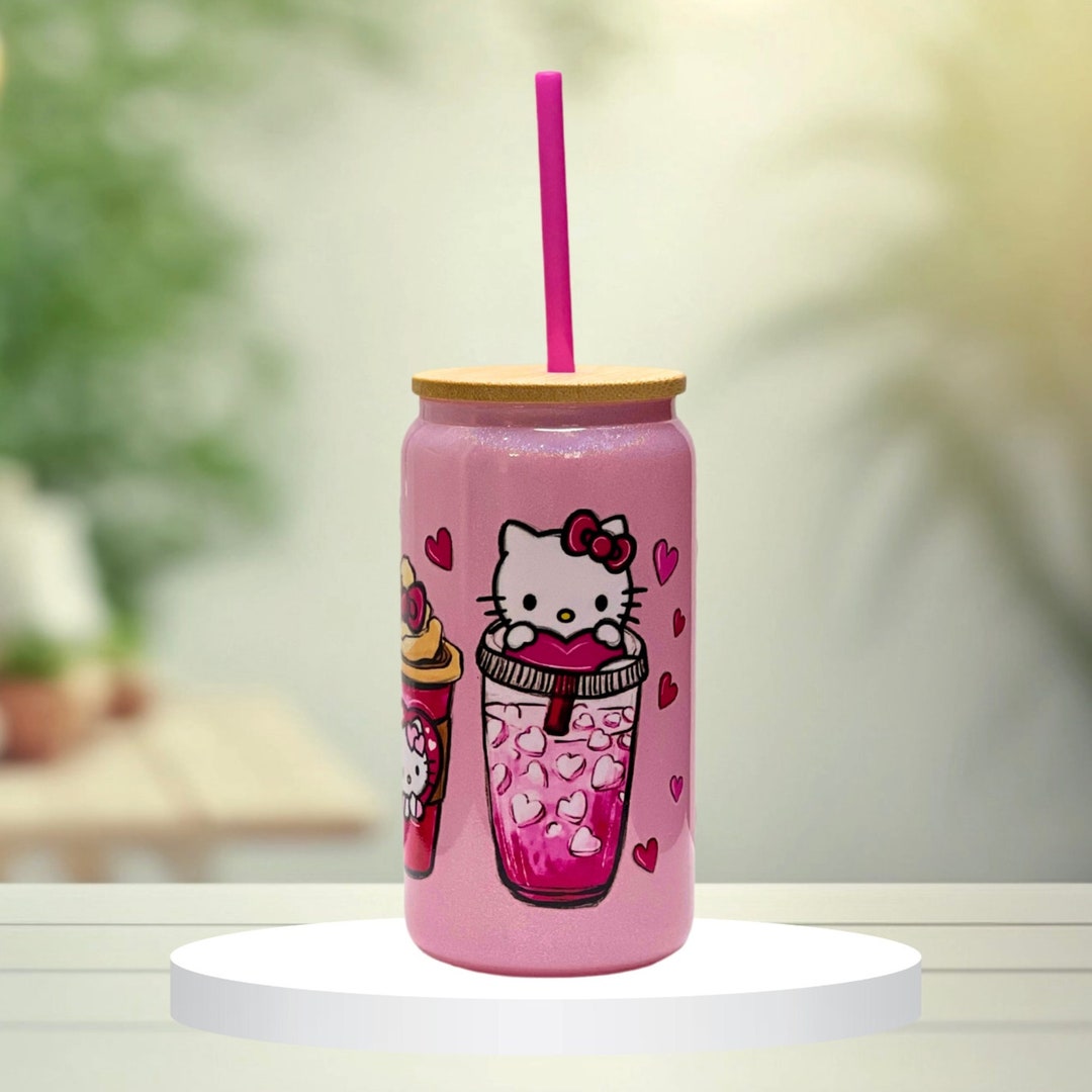 I Love You A Latte Kawaii Kitty Hearts 16 Ounce Pink Glitter Glass Can ...