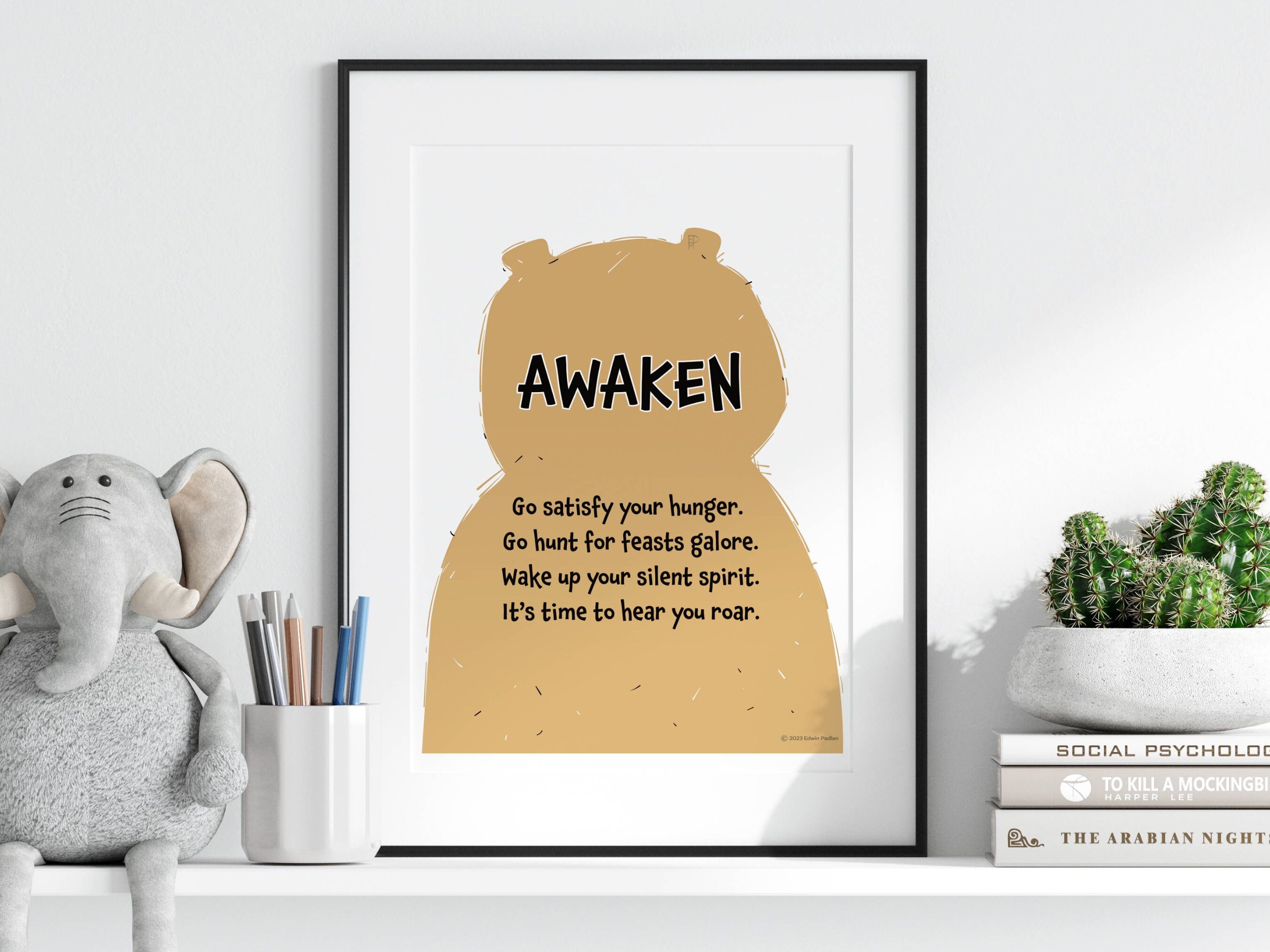 Awaken Poem Digital Wall Art for Kid, Colorful Bear Illustration ...