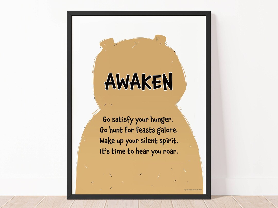 Awaken Poem Digital Wall Art for Kid, Colorful Bear Illustration ...