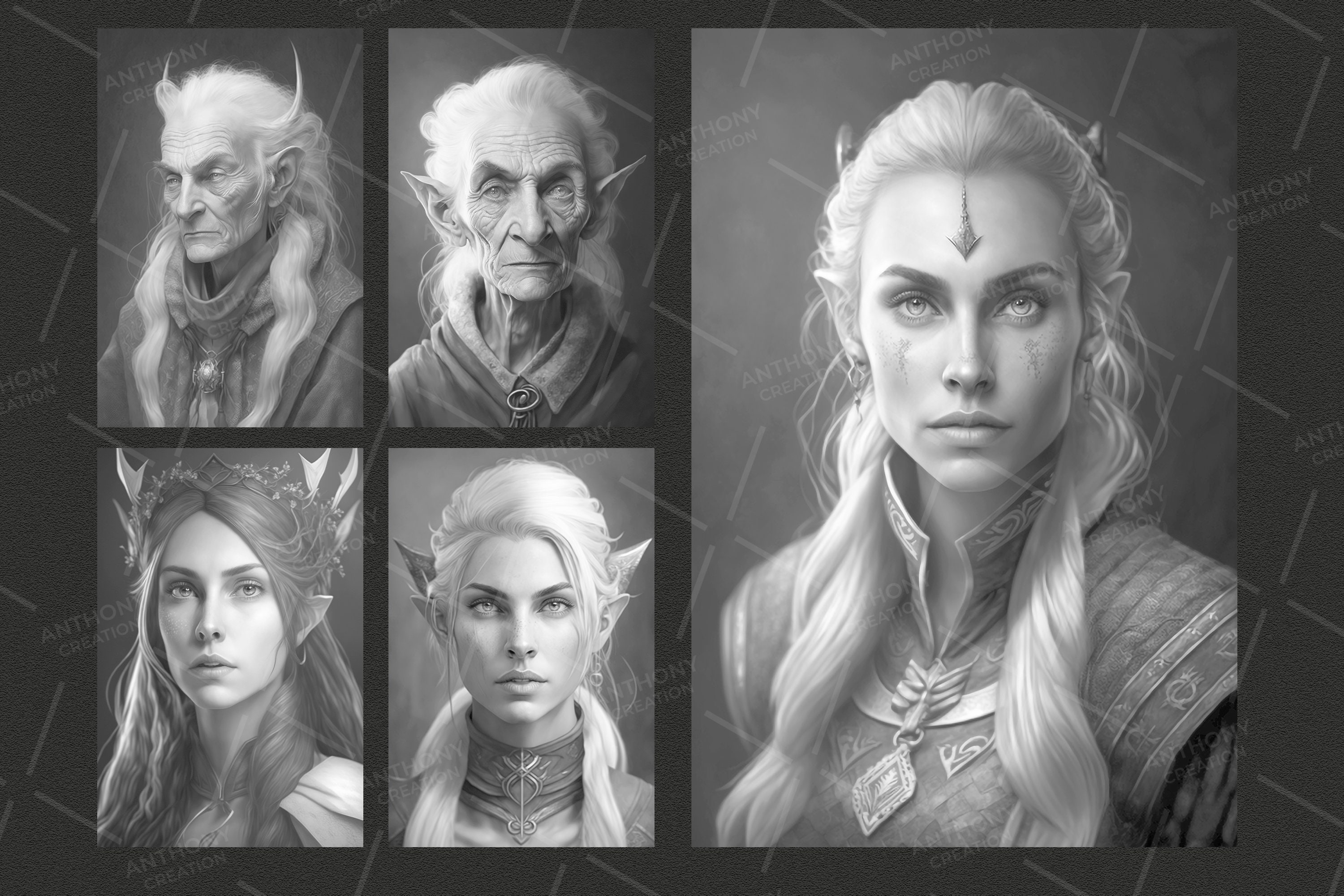 Coloring Book Adult, Greyscale, Download Pdf Print. Elven Family ...