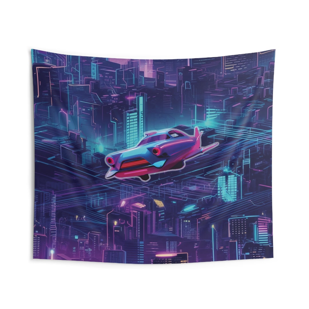 Futuristic Cyberpunk Cityscape Tapestry With Flying Car Neon Wall Art ...