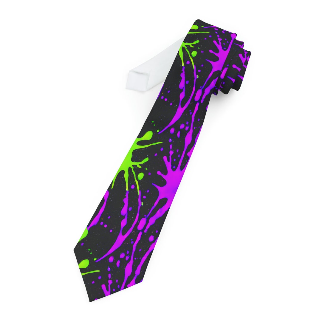 Vibrant Neon Splatter Necktie – Bold Black, Green, and Purple Men's ...