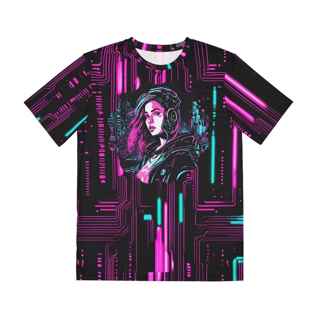 Cyberpunk Girl Men's Polyester AOP Tee - Neon Lights & 3D Circuit Board ...