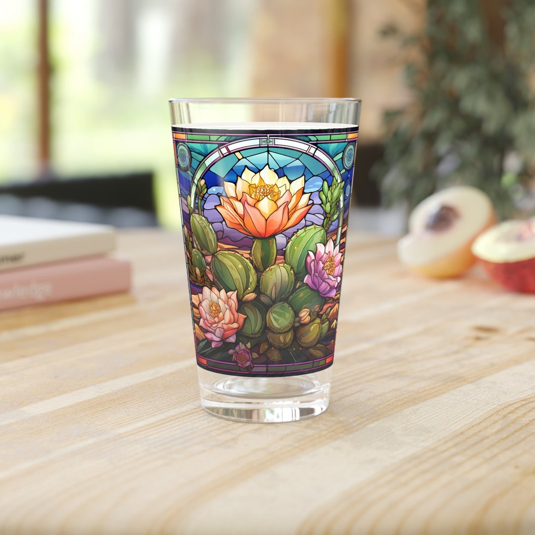 Desert Bloom: A Stained Glass Tribute to Cacti 16oz Pint Glass Gift ...