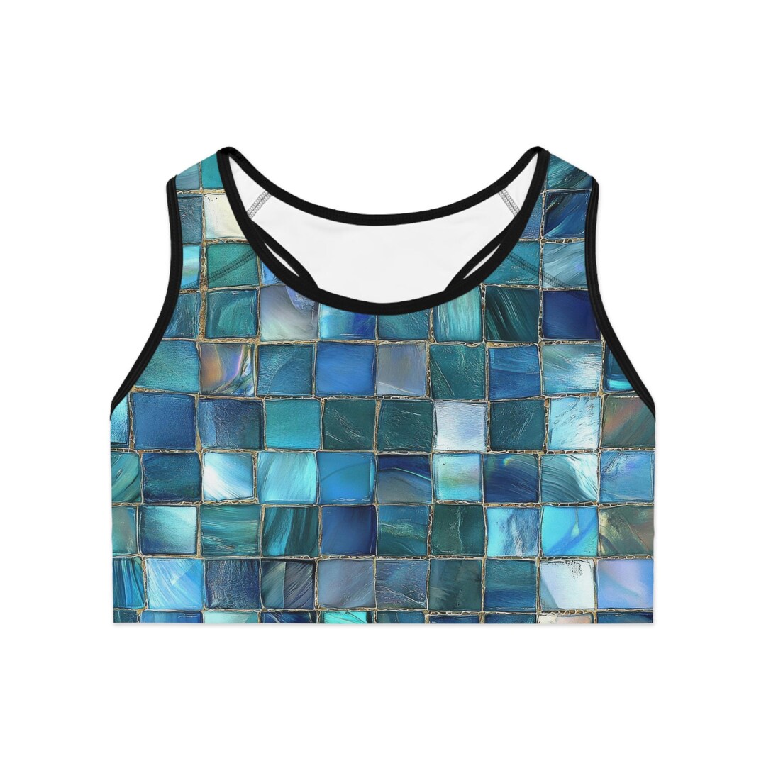 Blue Mosaic Tile Sports Bra | Teal Tile Pattern, Swimwear Inspired ...