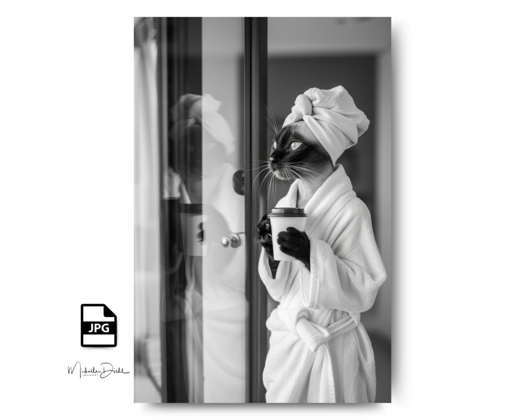 Siamese Cat Drinking Coffee in Bathrobe Photo Funny Animal Print ...
