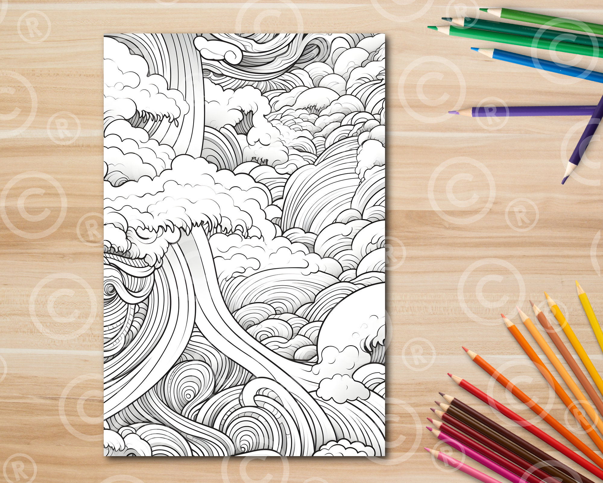 Ocean Coloring Page for Adults Ocean Wave Coloring Mindfulness Gift for ...