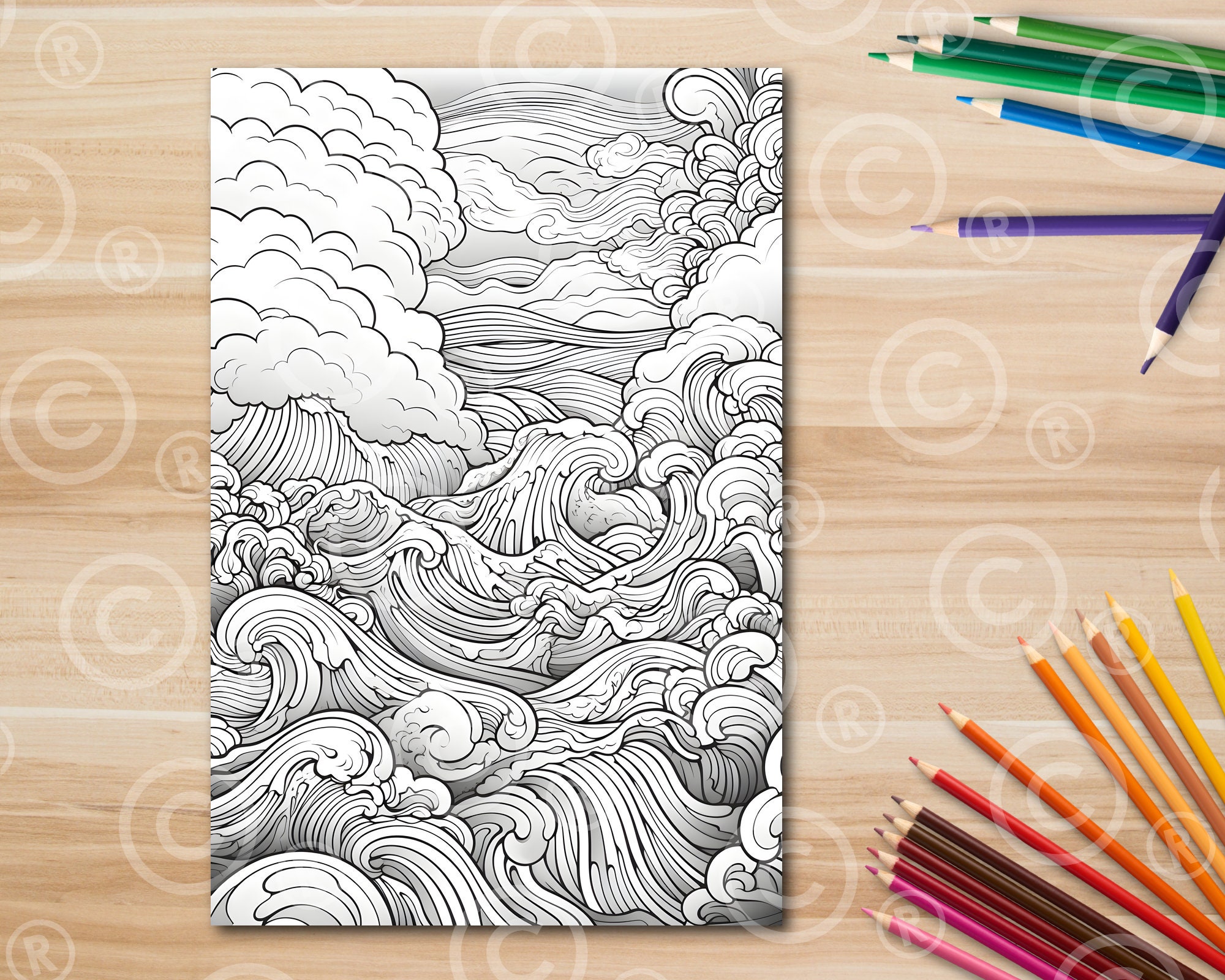 Ocean Coloring Page for Adults Ocean Wave Coloring Mindfulness Gift for ...