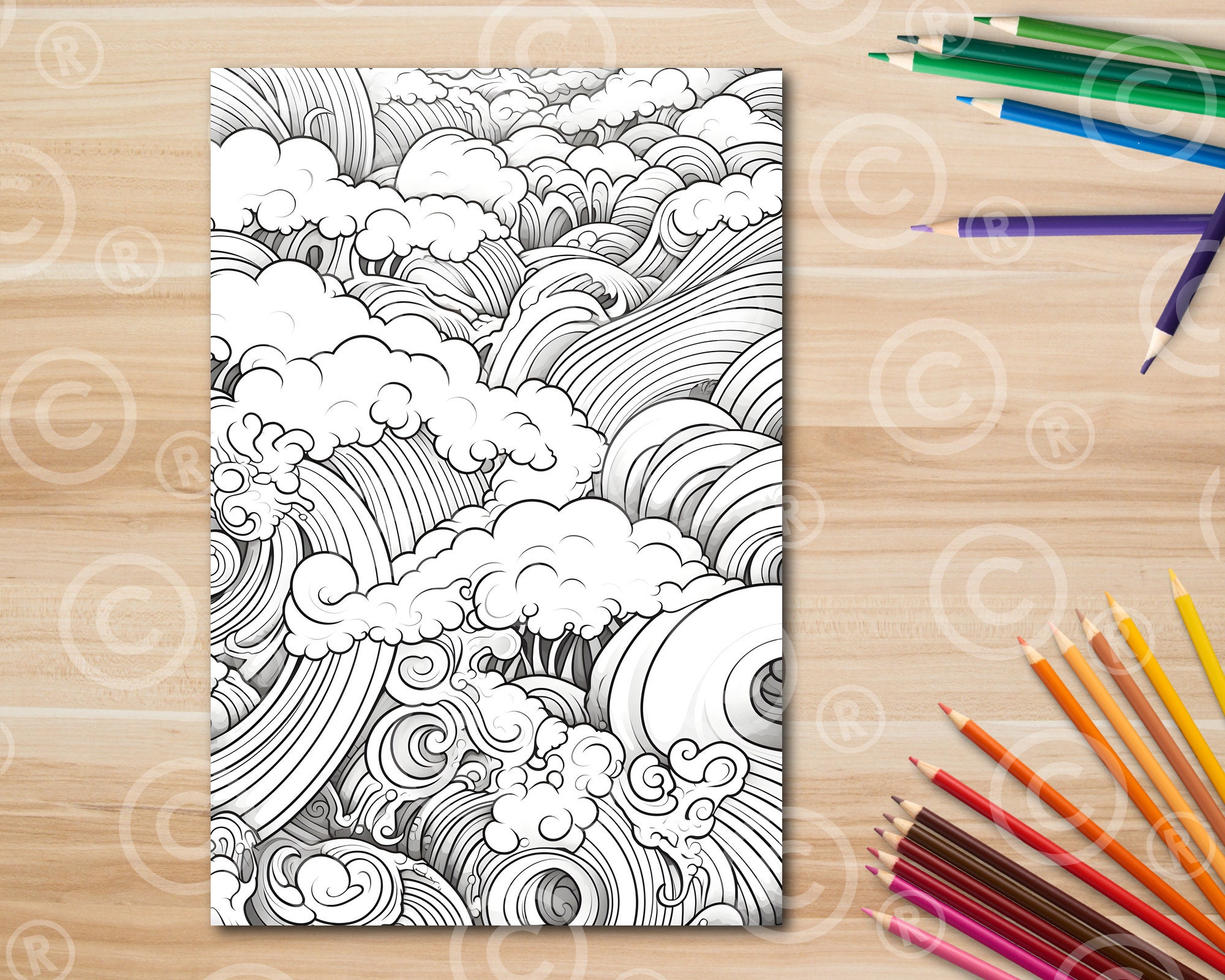 Ocean Coloring Page for Adults Ocean Wave Coloring Mindfulness Gift for ...