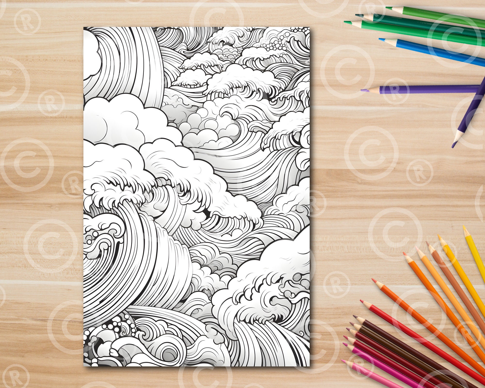 Ocean Coloring Page for Adults Ocean Wave Coloring Mindfulness Gift for ...