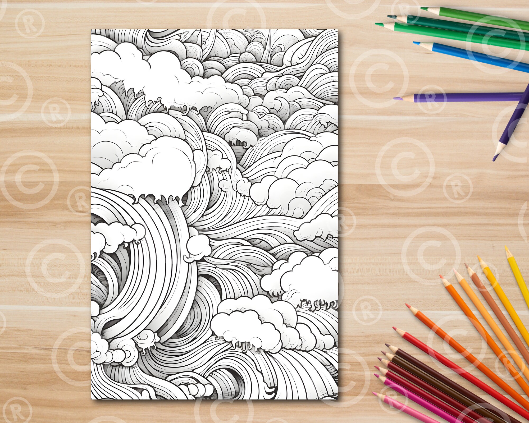 Ocean Coloring Page for Adults Ocean Wave Coloring Mindfulness Gift for ...