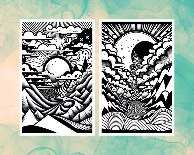 Acid Landscapes Coloring Pages Psychedelic Coloring Trippy - Etsy