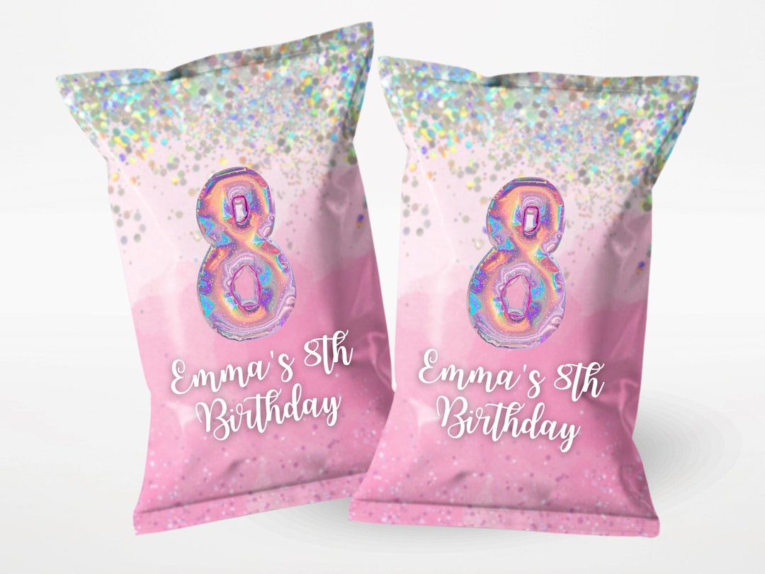 Pink Number Birthday Party Chip Bags Glitter Birthday Custom Name Party ...