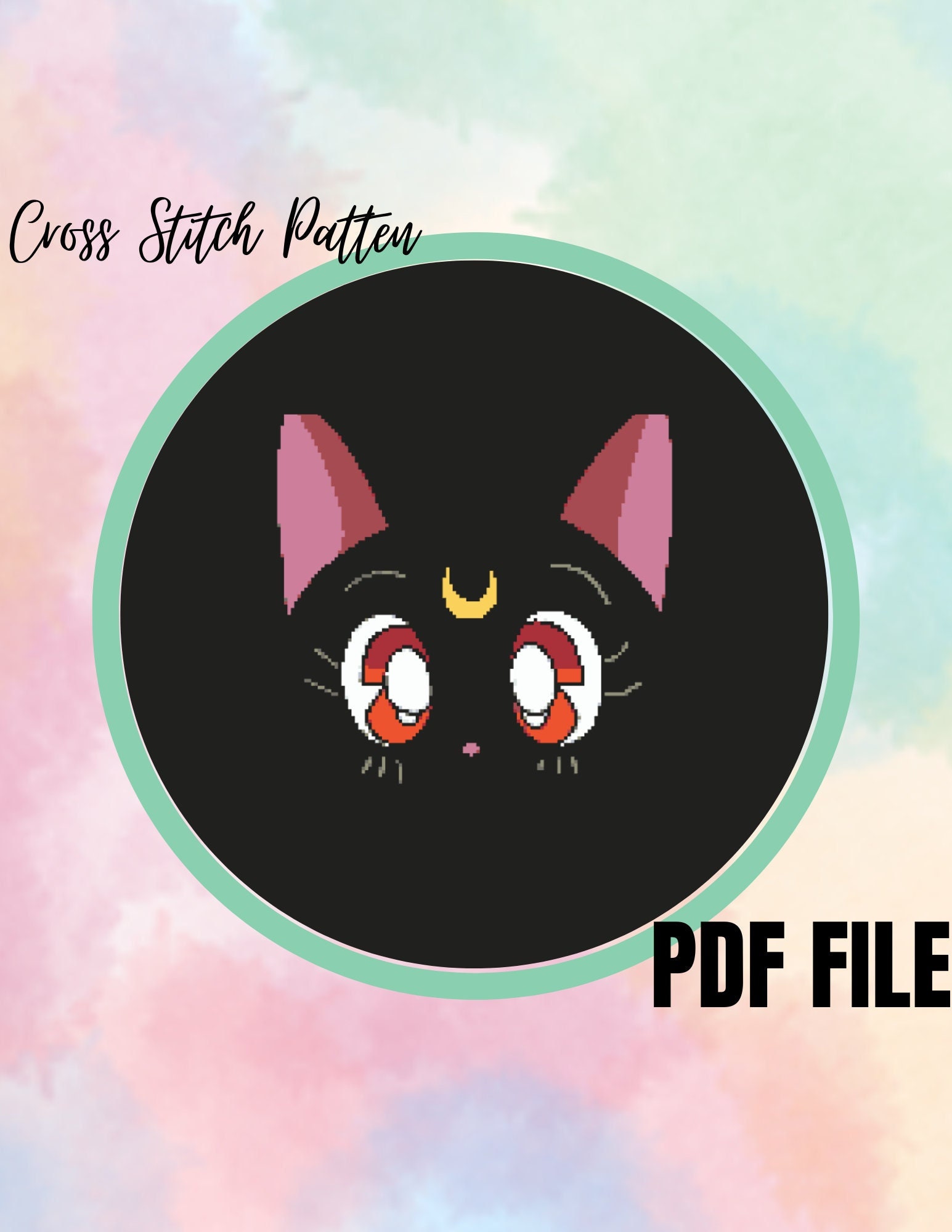 Anime Cross Stitch Pattern | Luna the Cat Face | Instant Download ...